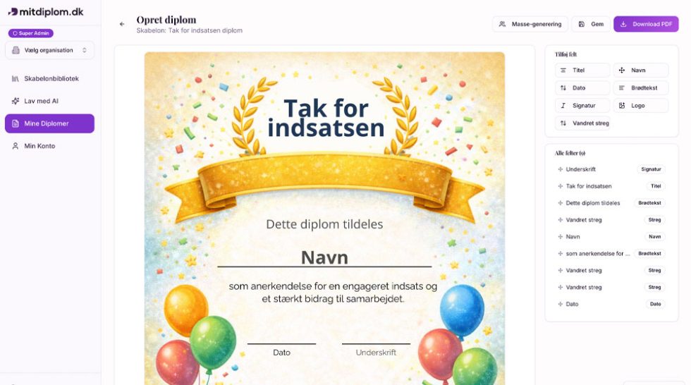 Diplom skabelon - Lav flotte diplomer online | MitDiplom.dk